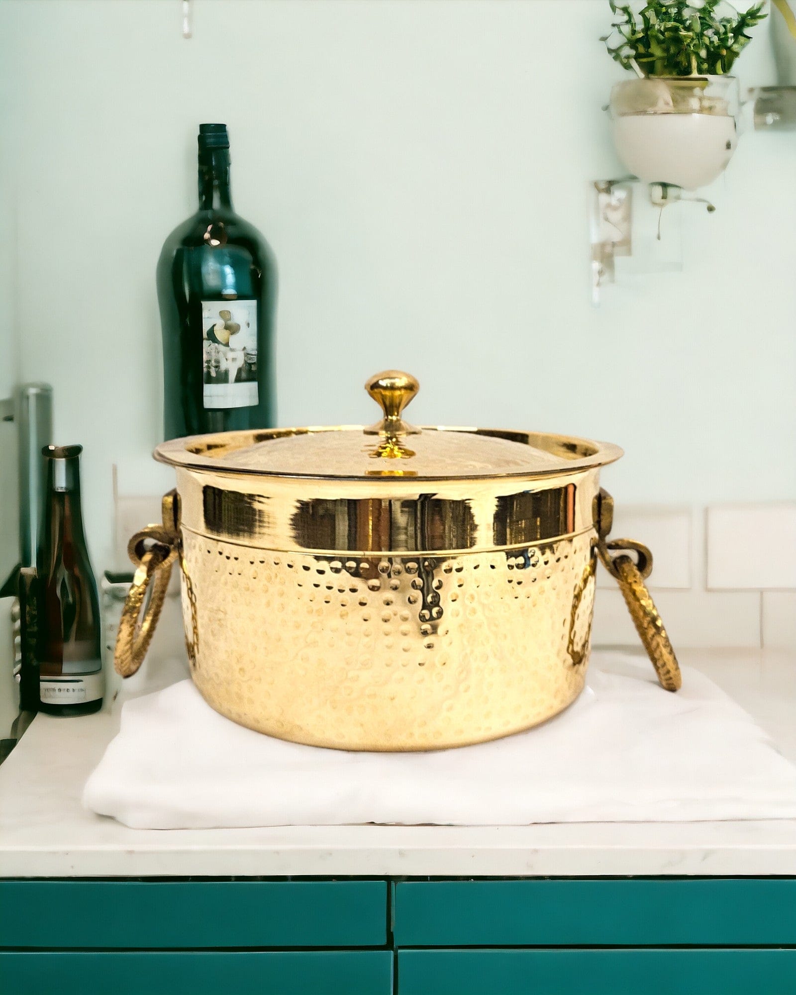 Brass Bhagona Set with Lid and Side Handles - 13 x 20 x 20 inch