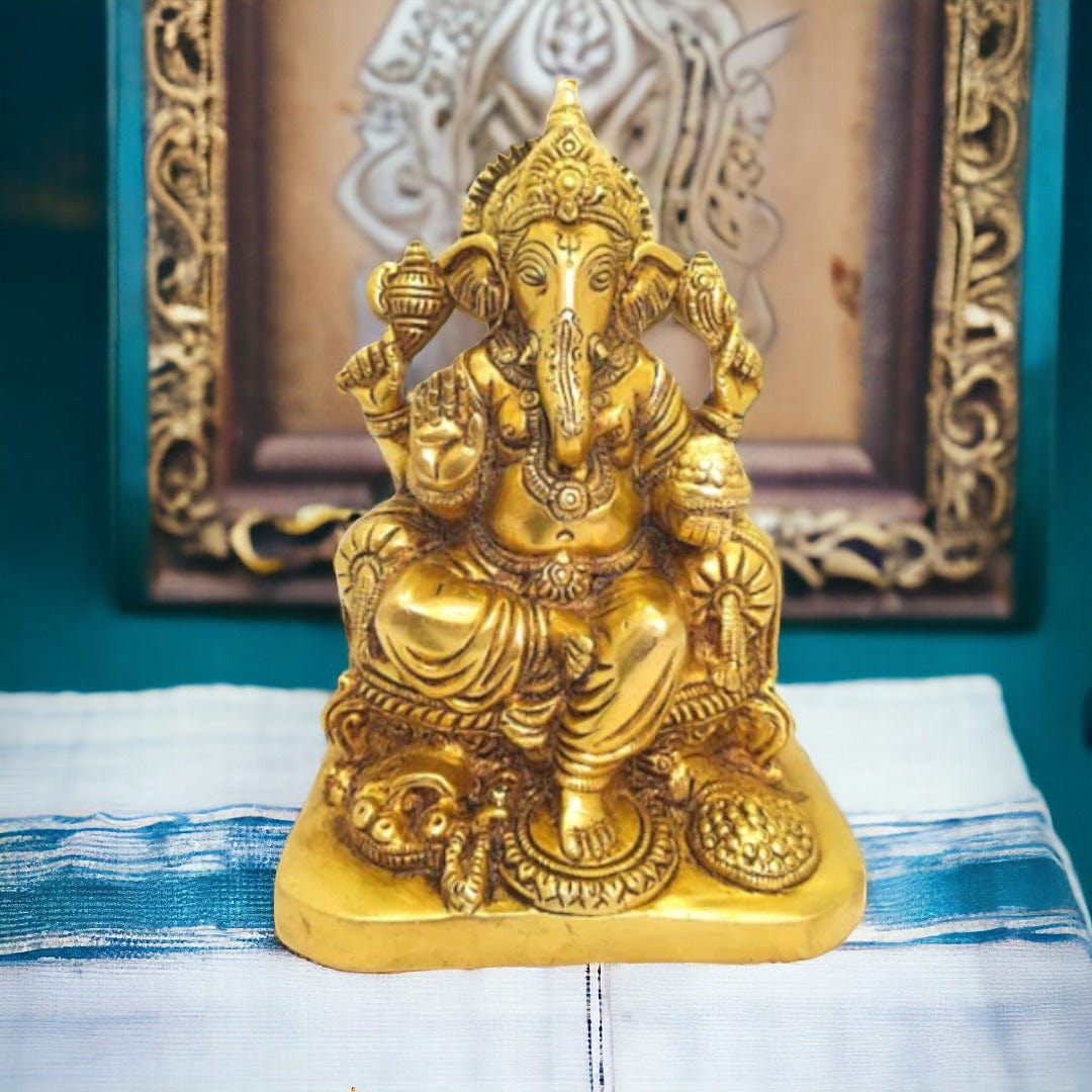 Brass Lord Ganesha Sitting on Carved Singhasan with Mooshak Statue (Go ...