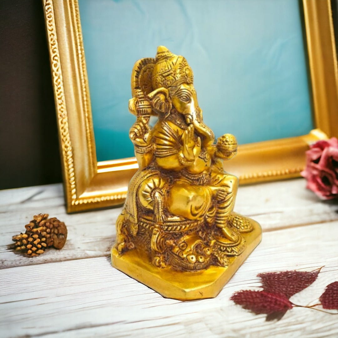 Brass Lord Ganesha Sitting on Carved Singhasan with Mooshak Statue (Go ...