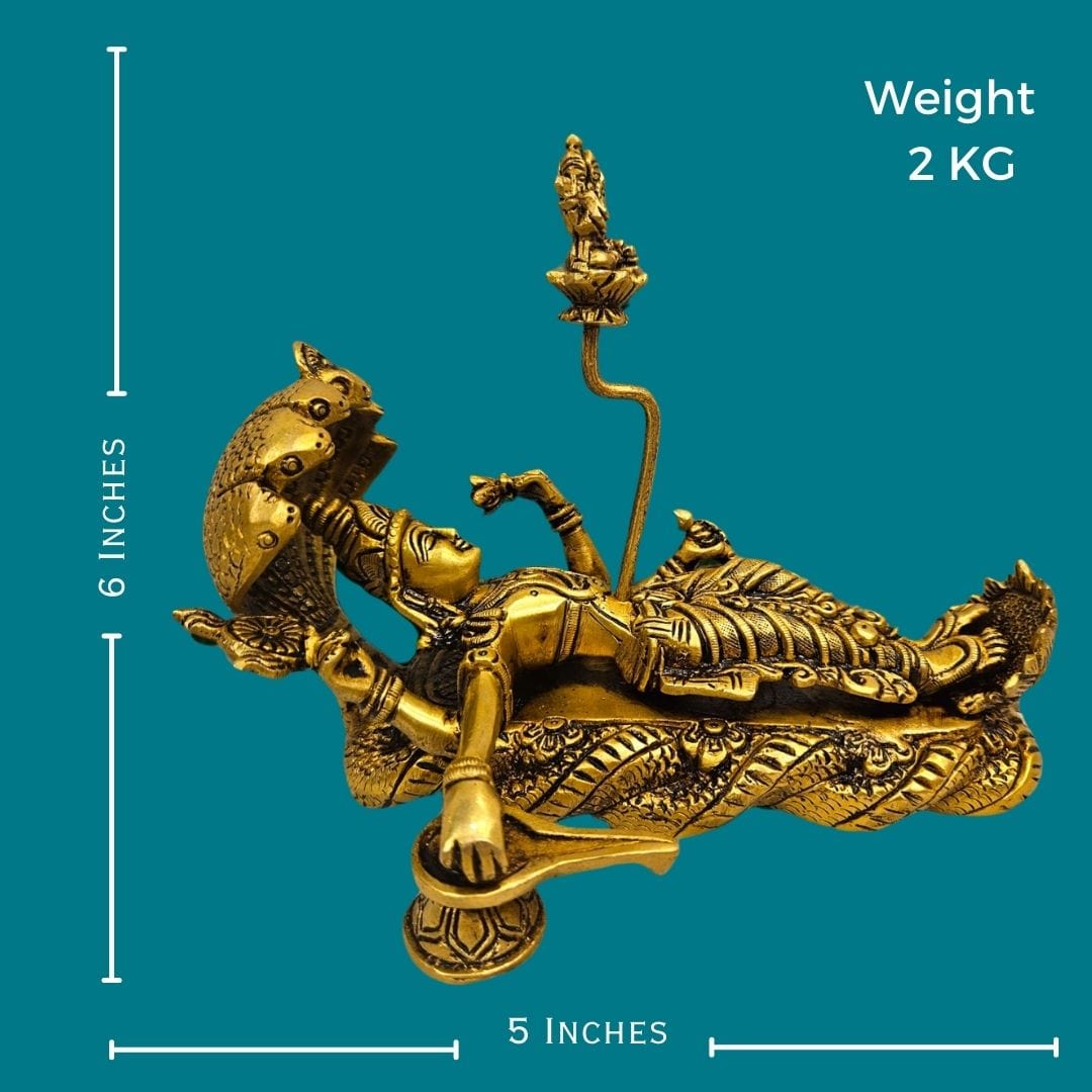 Brass Lord Vishnu Bhagwan Resting on Sheshnag Touching Shiva Lingam Br ...